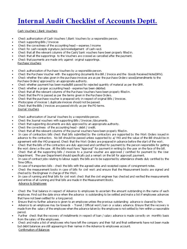 Accounts Dept Audit Checklist | PDF | Debits And Credits | Invoice
