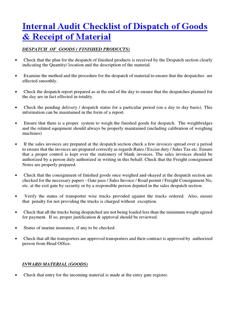 Dispatch of Goods and Receipt of Materials Audit Checklist | PDF ...