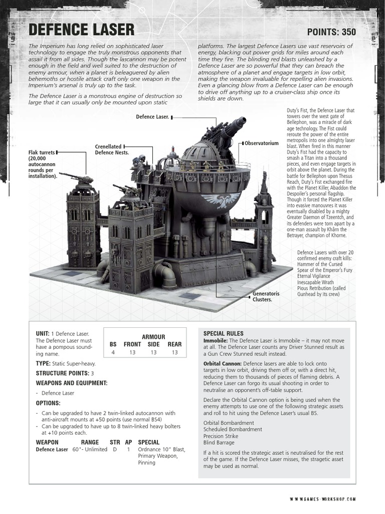 40k Defence Laser Datasheet | PDF | Anti Aircraft Warfare | Cannon