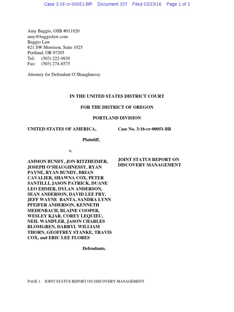 03-23-2016 ECF 337 USA V A BUNDY Et Al - Joint Status Report Re ...