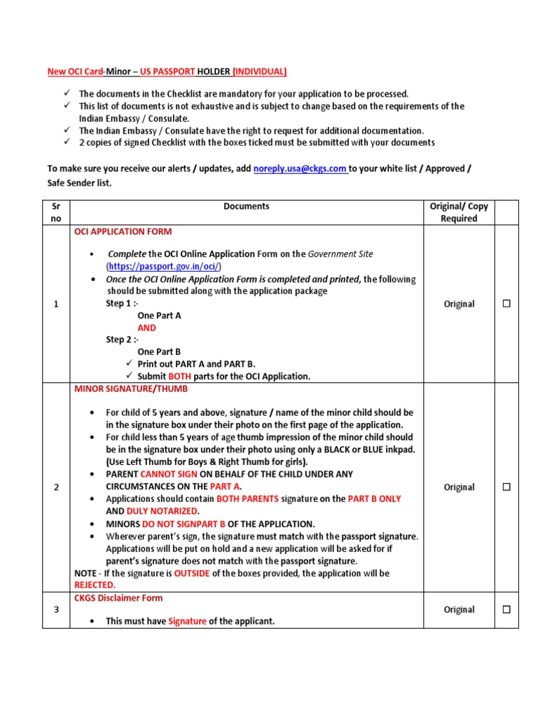Oci Card Checklist - Printable Cards