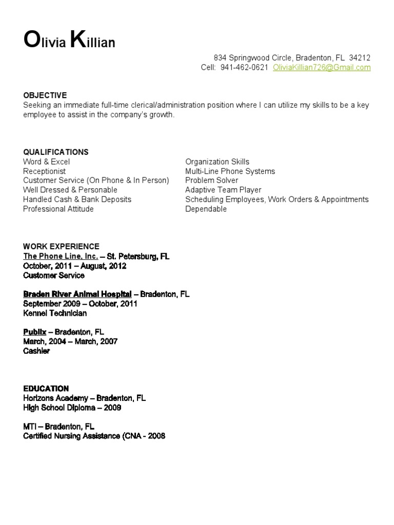 Resume for Olivia Killian at Publix | PDF