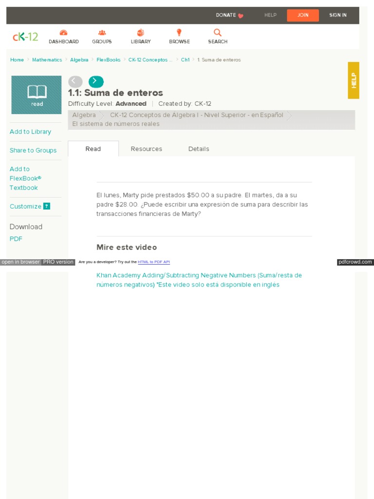 WWW Ck12 Org Book CK 12 Conceptos de C3 81lgebra I Nivel Su2 | PDF ...