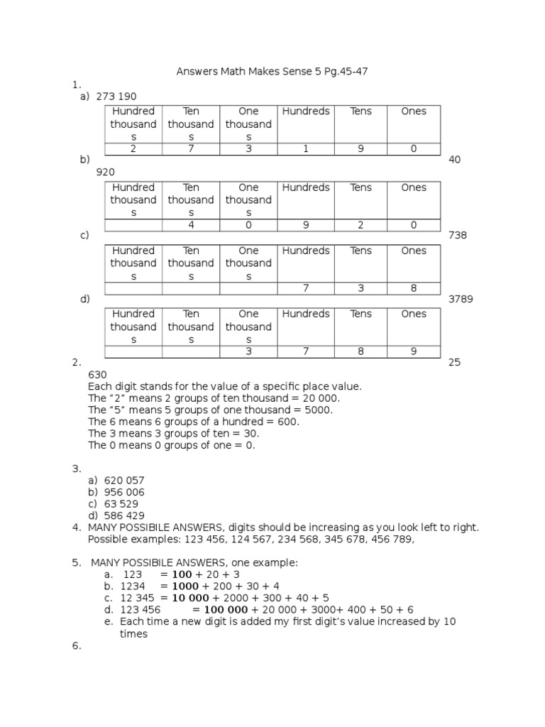 Answers Math Makes Sense 5 PG 45-47 | PDF | Teaching Mathematics
