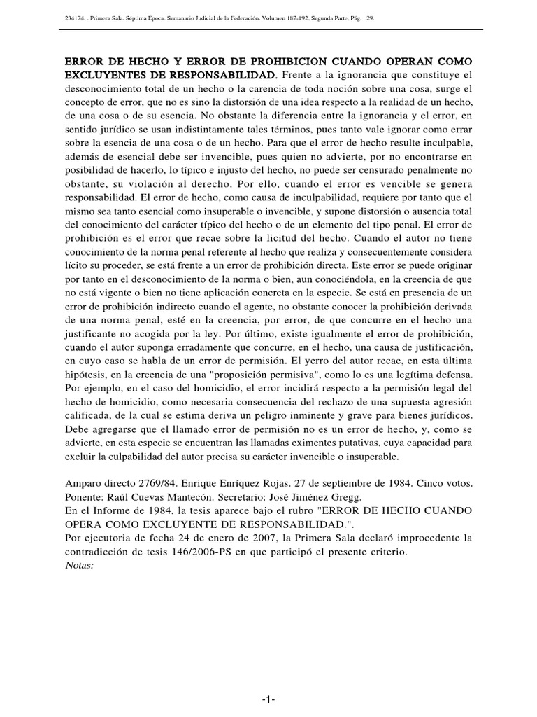 ERROR DE HECHO Y ERROR DE PROHIBICION.pdf | Esencia | Derecho penal
