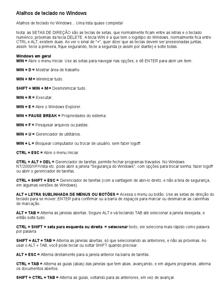 Atalhos de Teclado No Windows | PDF | Janela (informática) | Teclado de ...