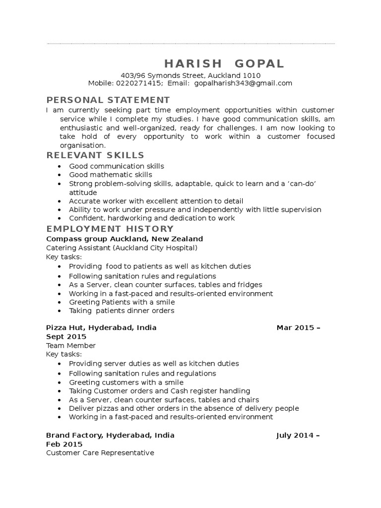 Harish Gopal: Customer Service Resume | PDF