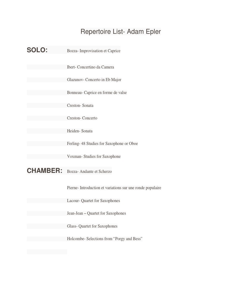 Solo:: Repertoire List-Adam Epler | PDF