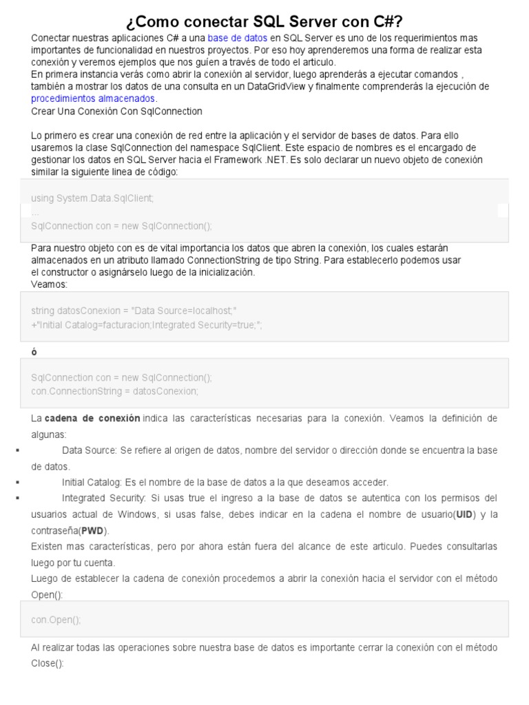 Como Conectar SQL Server Con C | PDF