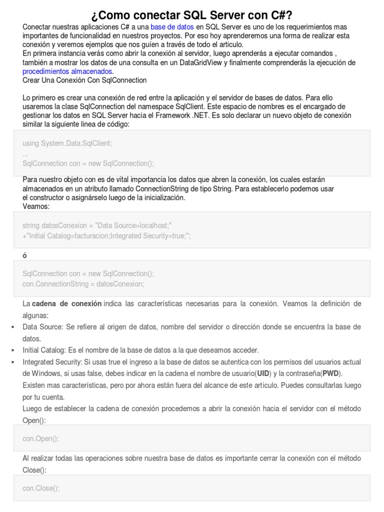 Como Conectar SQL Server Con C PDF | PDF