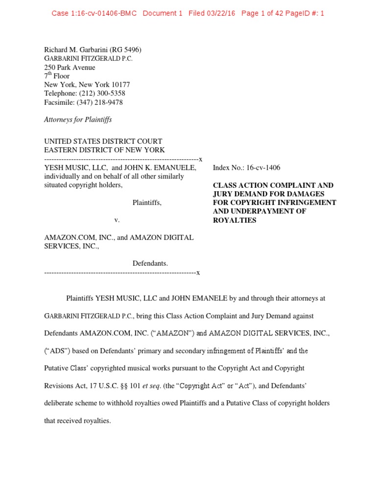 Filed Complaint | PDF | Lawsuit | Royalty Payment