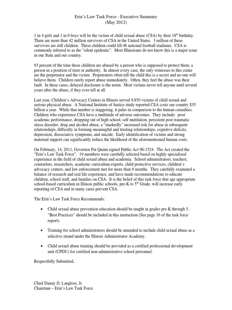 Erin's Law Task Force Summary on CSA | PDF | Child Sexual Abuse | Child ...