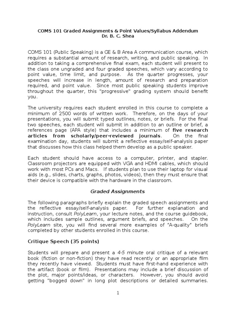 COMS 101 Graded Assignments & Point Values/Syllabus Addendum Dr. B. C. Shea | PDF | Public ...