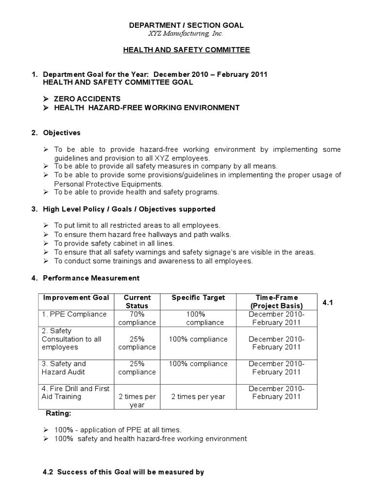 Health and Safety Committee Goal | PDF | Occupational Safety And Health ...