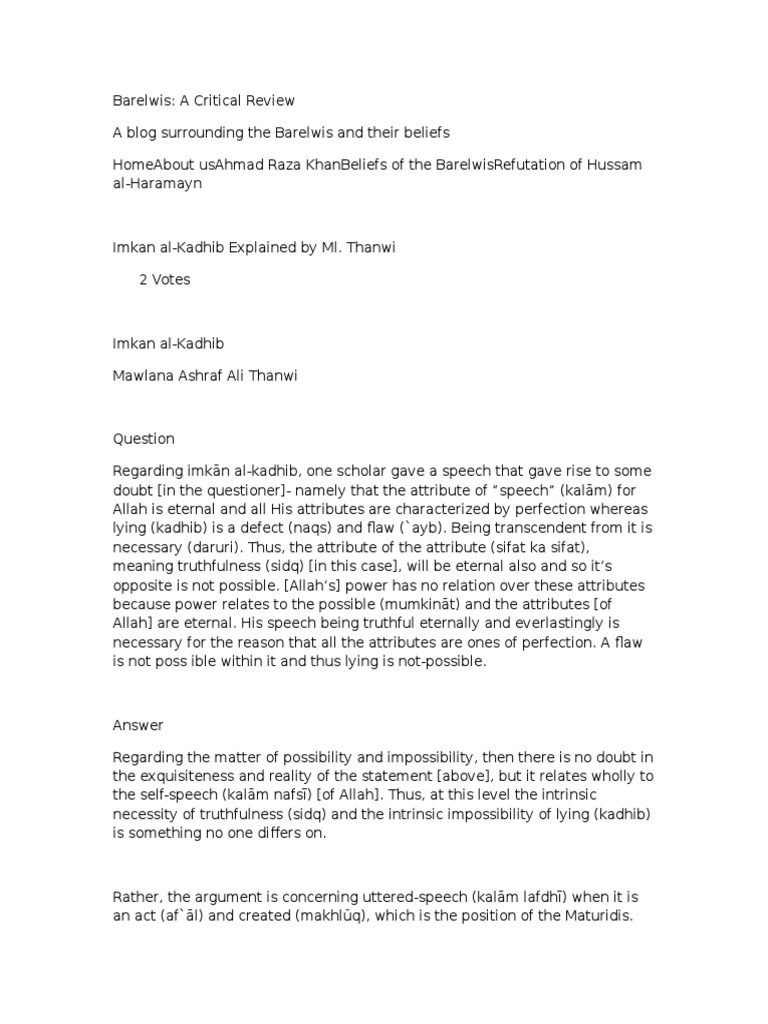 Imkan al-Kadhib: Thanwi's Perspective | PDF | Islamic Theology ...