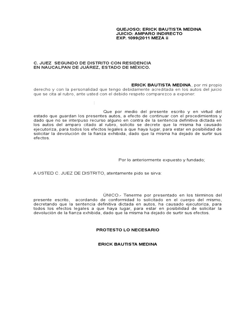 Solicitud de Ejecutoria de Sentencia Definitiva en Amparo Indirecto y Devolución de Fianza | PDF ...