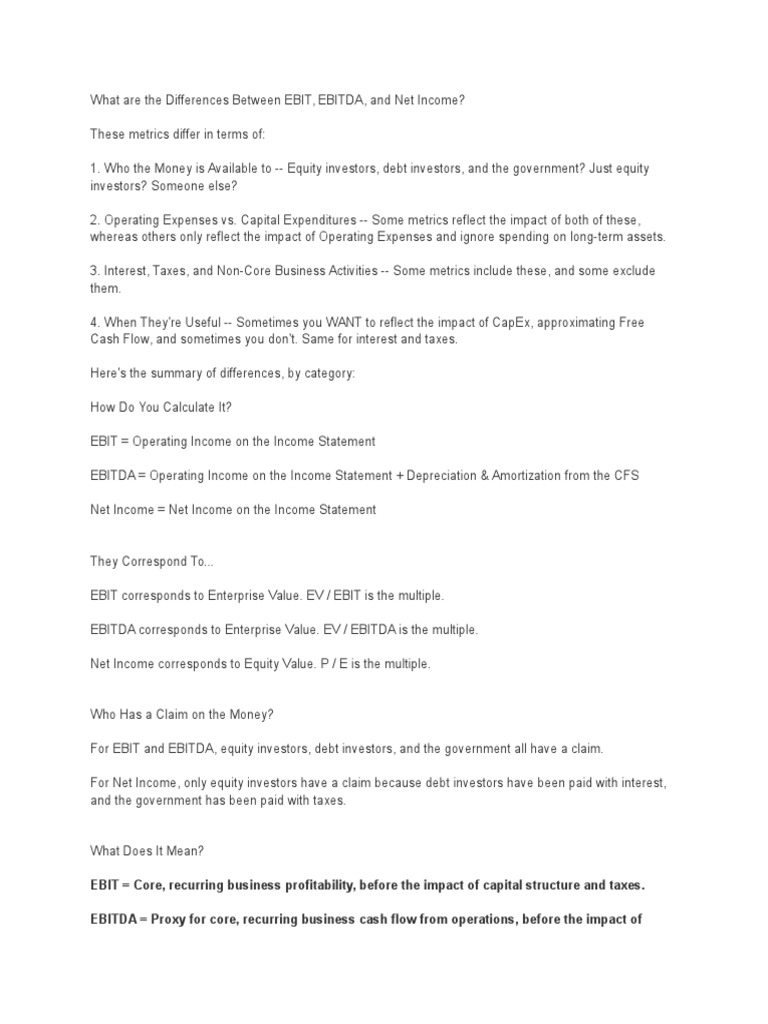 EBIT vs. EBITDA vs. Net Income Valuation Metrics and Multiples | PDF ...