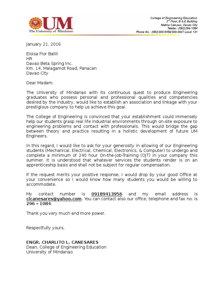 Letter of Intent - ME OJT | PDF | Fax | Engineering