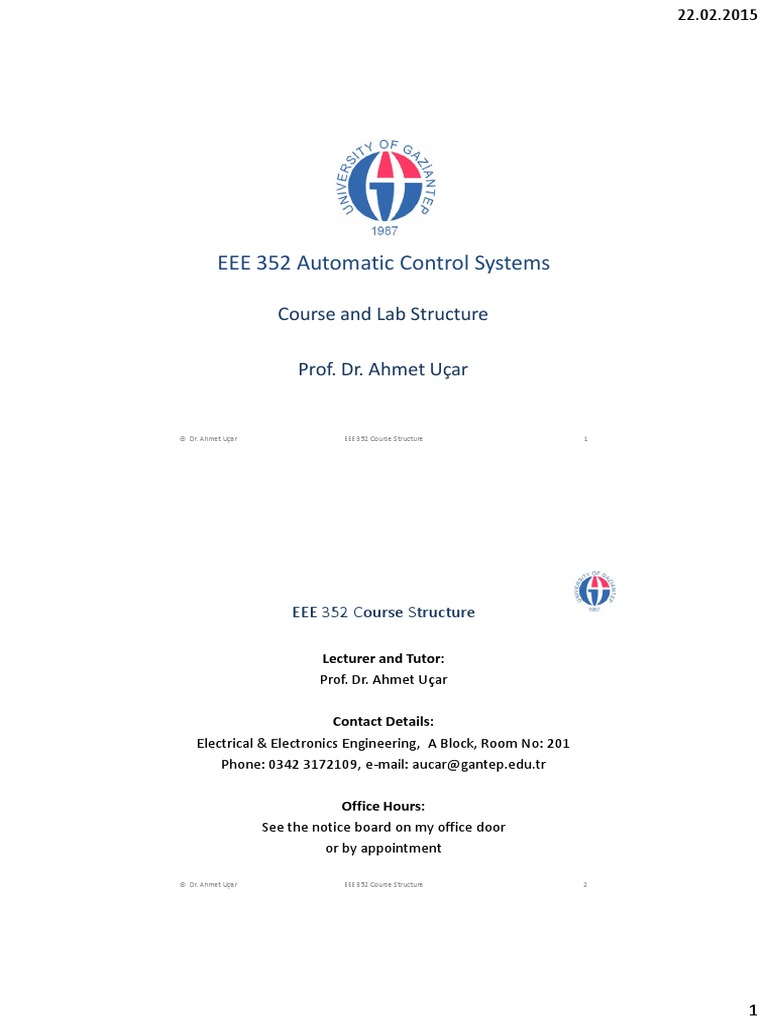 EEE 352 Automatic Control Systems General Course Information | PDF ...