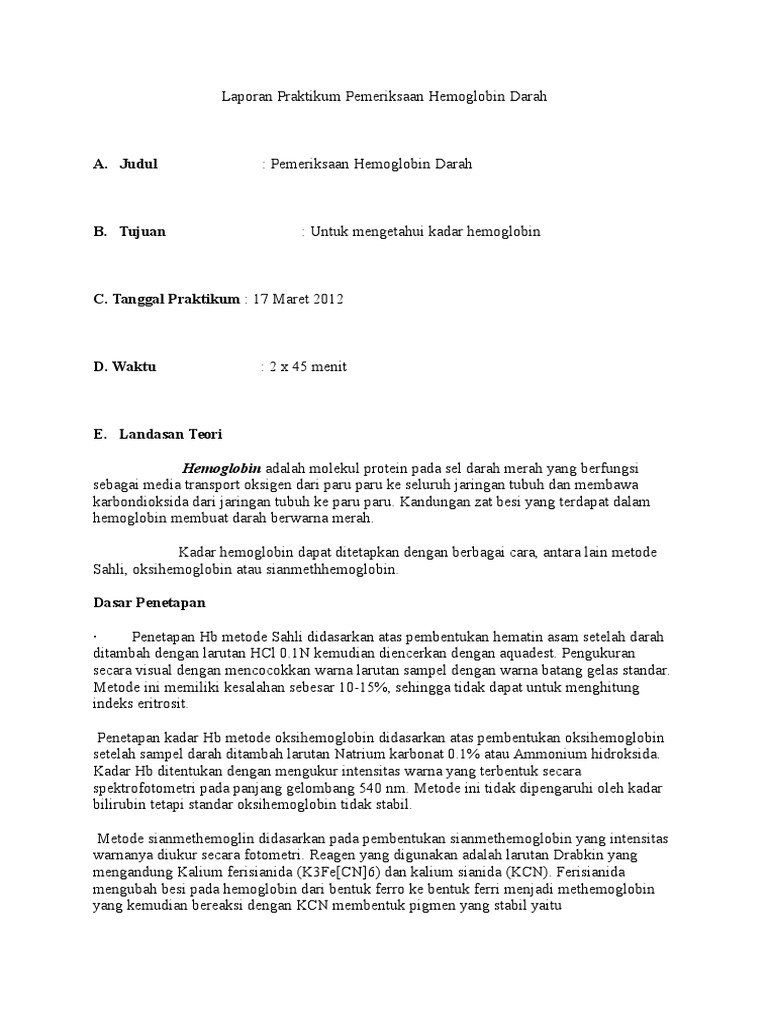 Laporan Praktikum Pemeriksaan Hemoglobin Darah | PDF