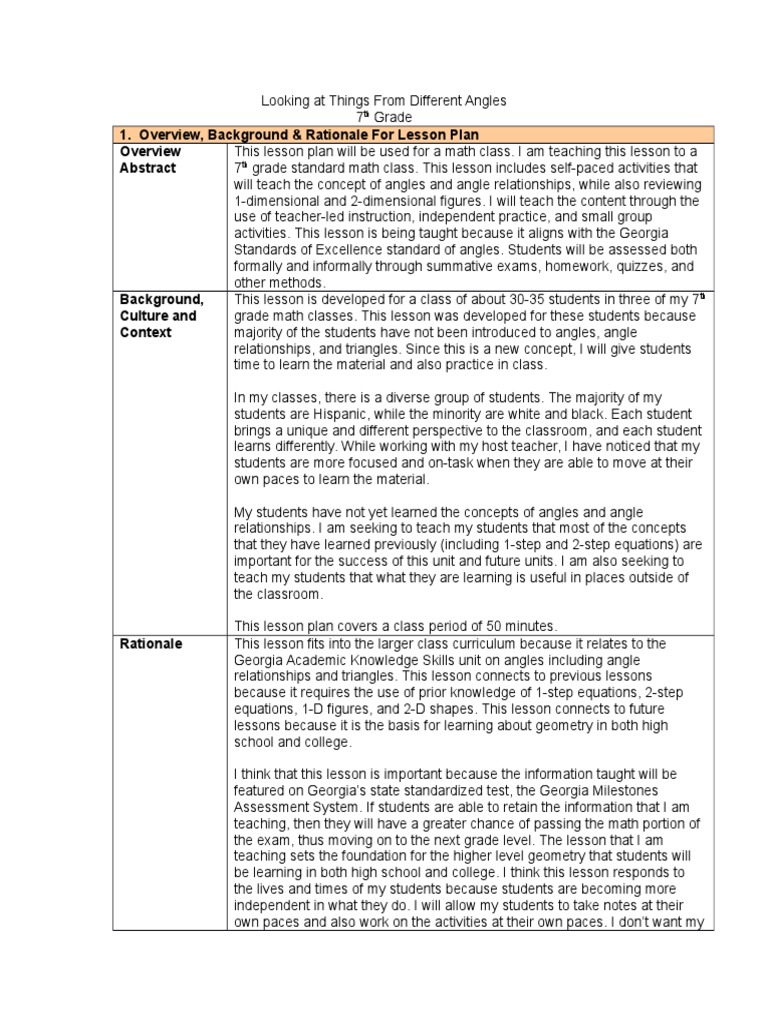 7th Grade Angles Lesson Plan | PDF | Lesson Plan | Education Theory