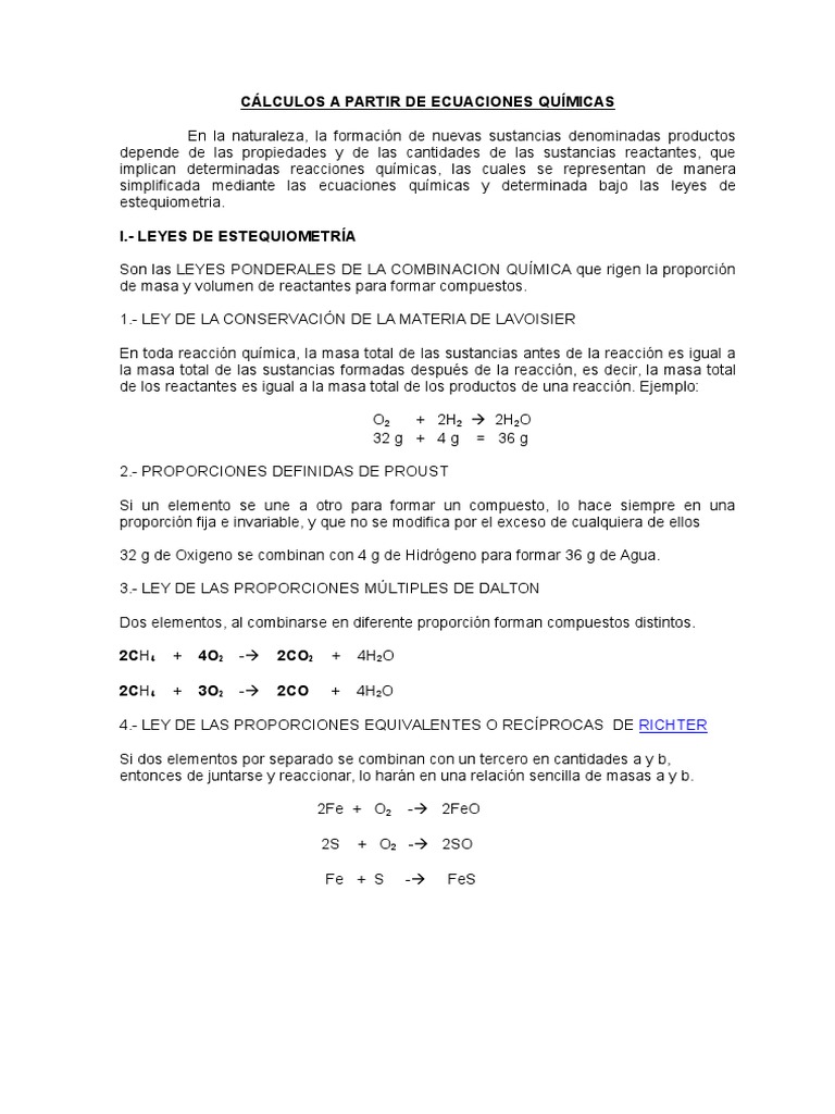 Cálculos Estequiometricos | PDF | Estequiometría | Reacciones químicas