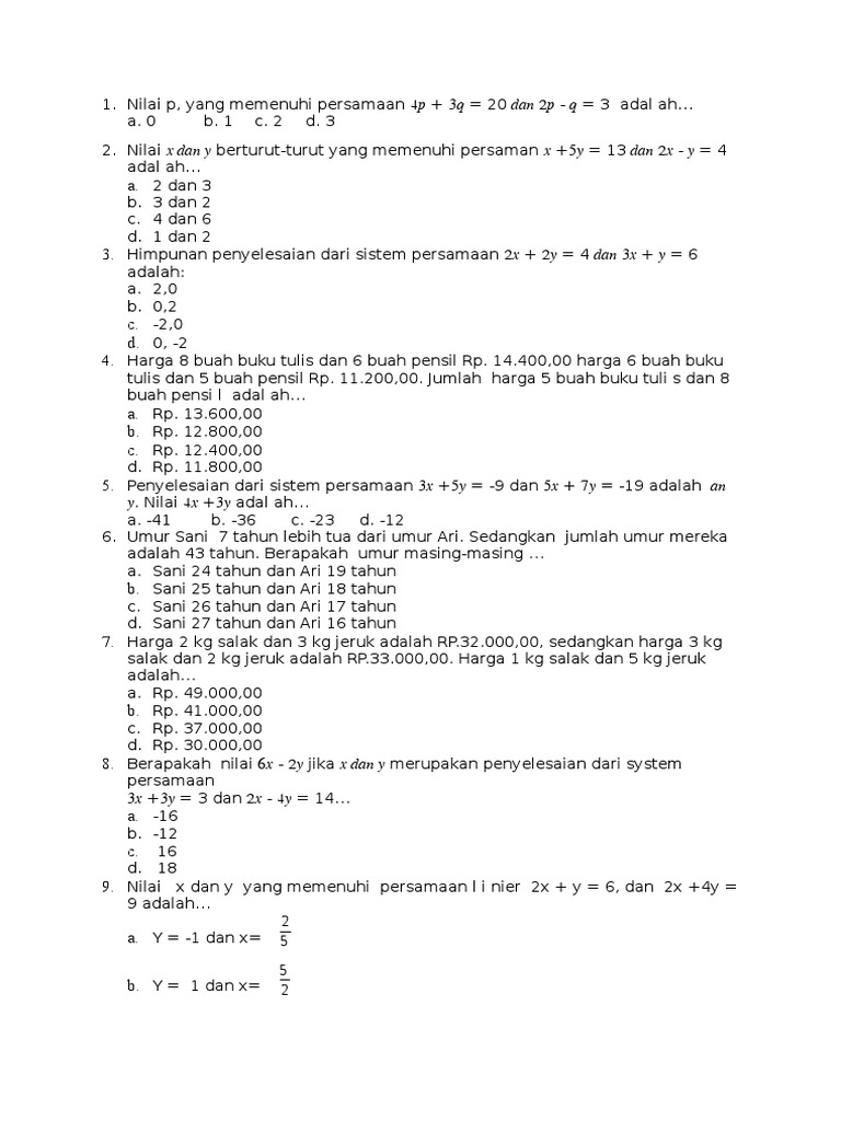 Latihan Soal SPLDV | PDF