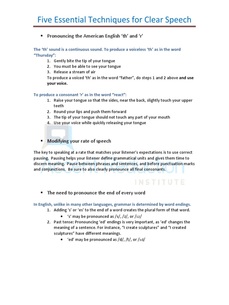 Five Essential Techniques For Clear Speech | PDF | English Language ...