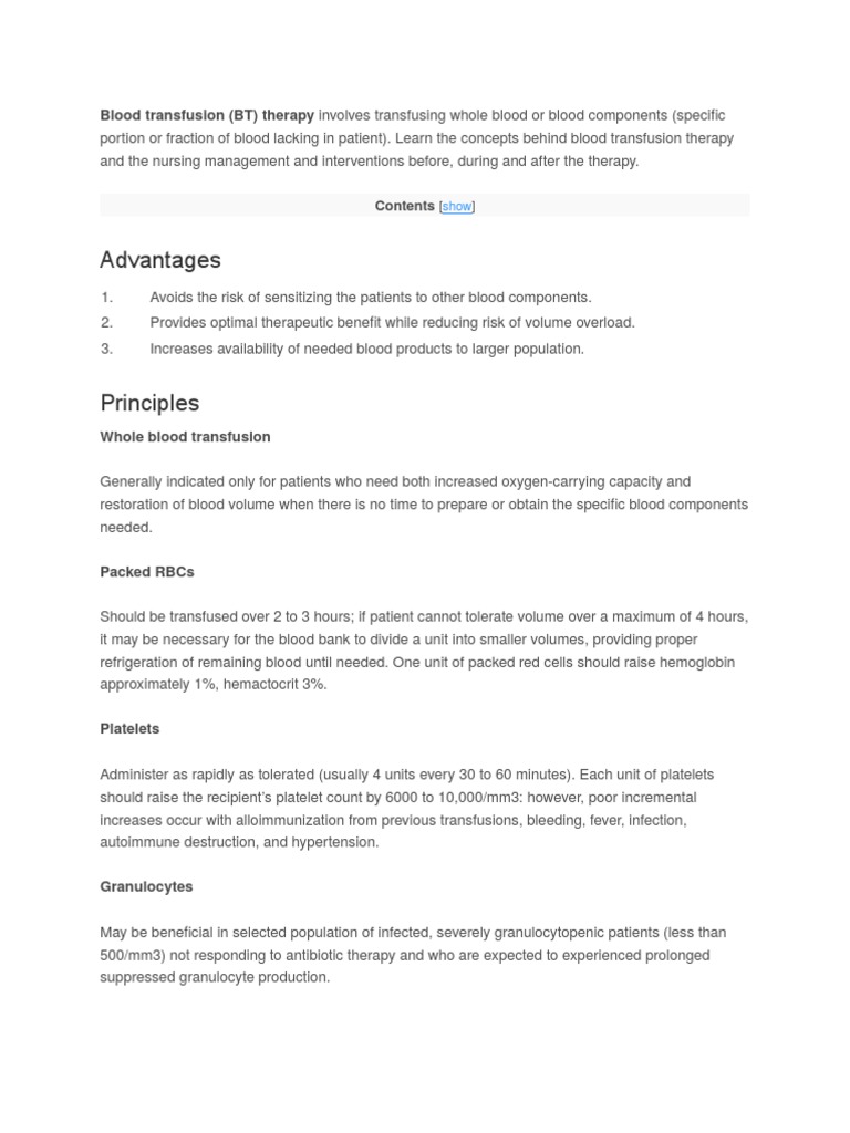 Advantages: Blood Transfusion (BT) Therapy Involves Transfusing Whole ...