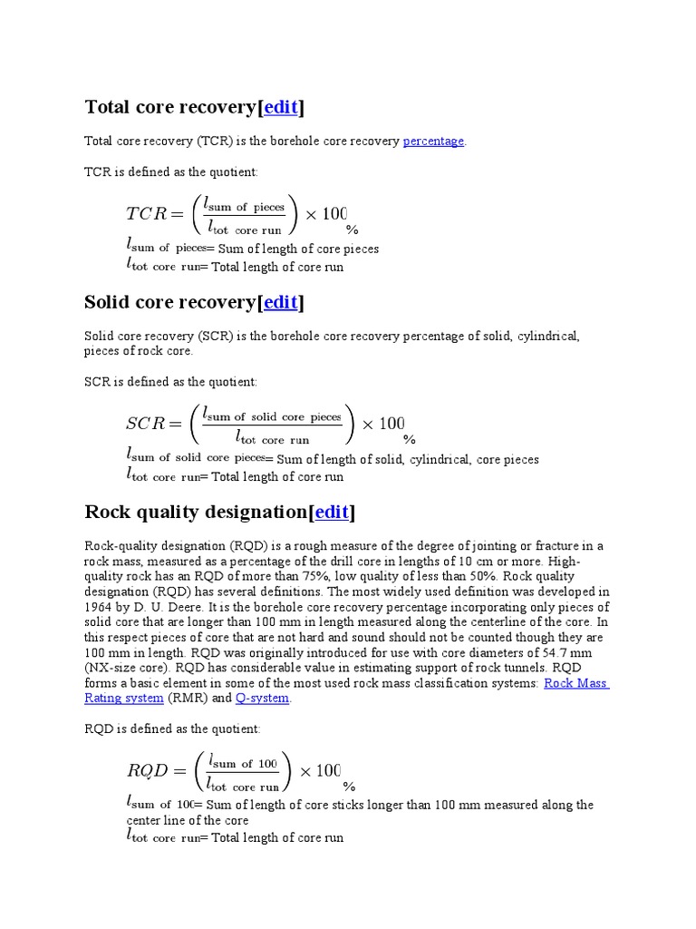 Core Recovery and RQD Calculations | PDF