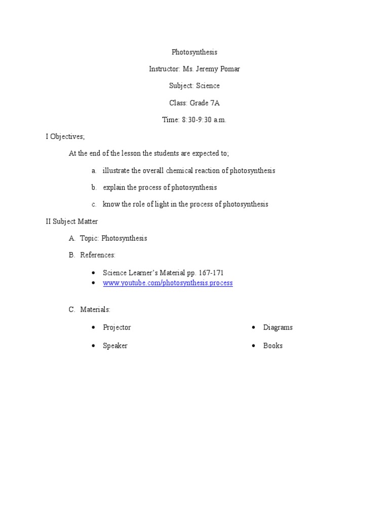 Grade 7 Photosynthesis Lesson Plan | PDF | Photosynthesis | Physical ...