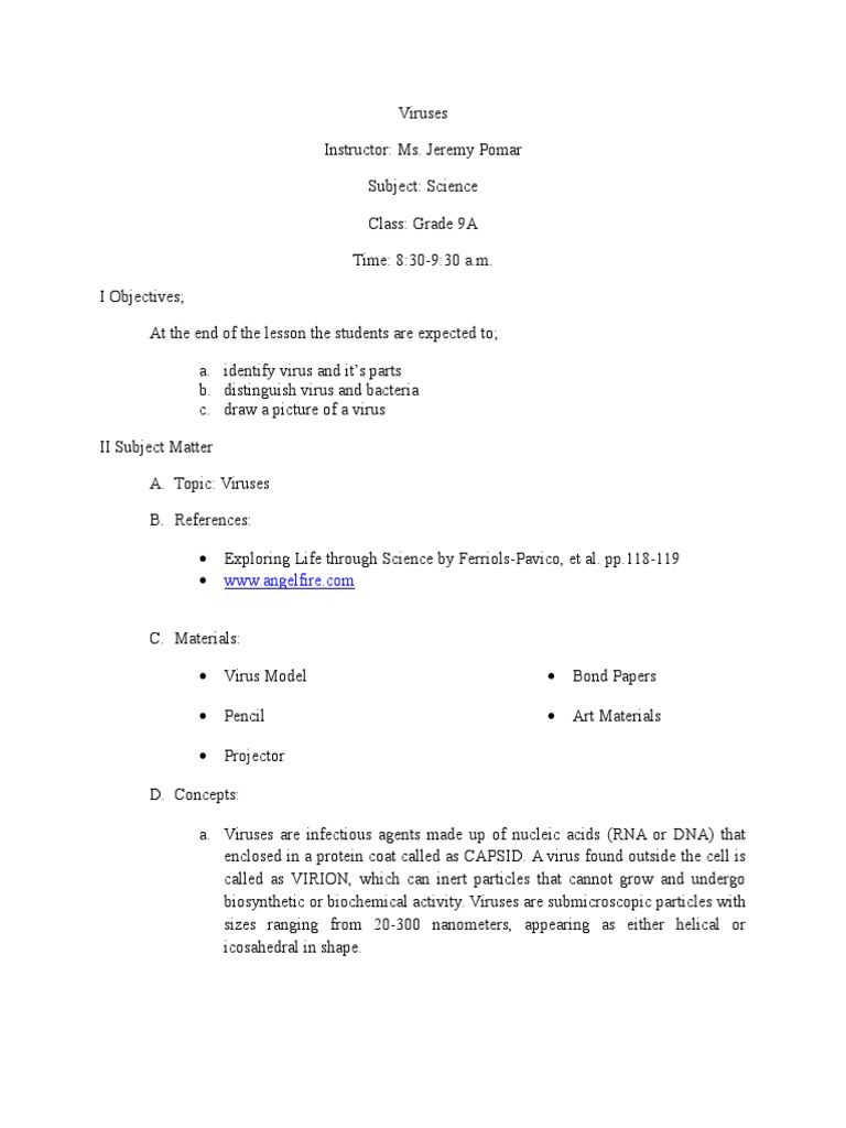 Grade 9 Lesson Plan: Understanding Viruses | PDF | Virus | Cell (Biology)