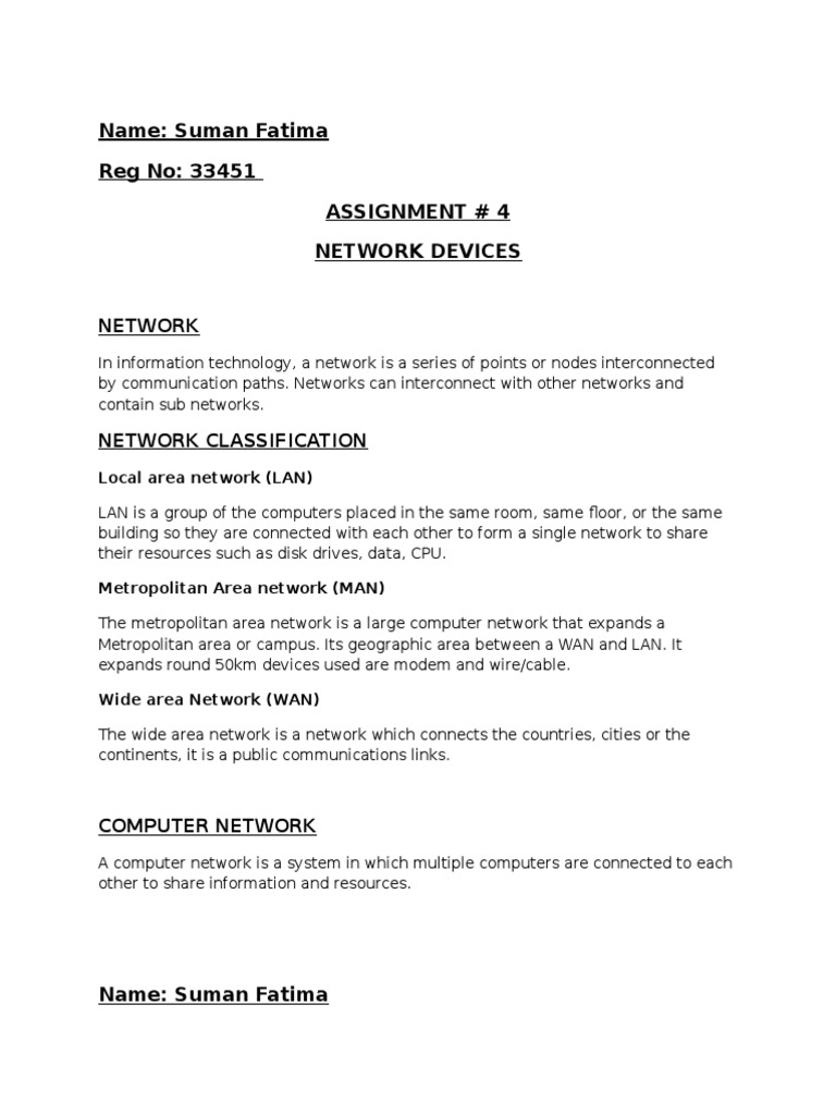 Name: Suman Fatima Reg No: 33451 Assignment # 4 Network Devices | Download Free PDF | Computer ...