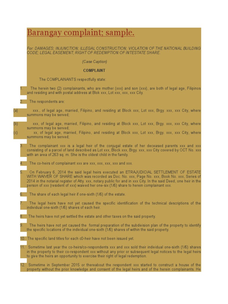Barangay Complaint | PDF | Damages | Justice