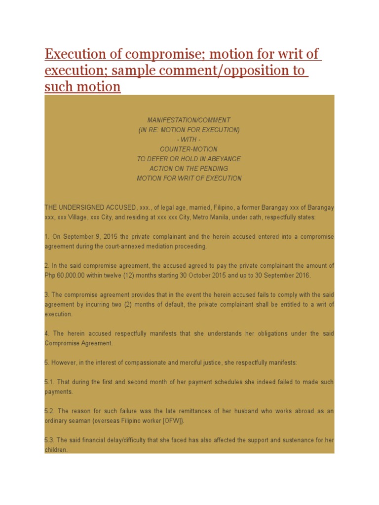 Execution of Compromise Motion For Writ of Execution Sample Comment ...