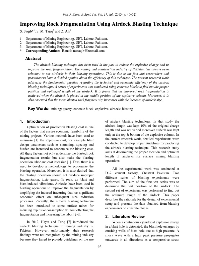 Improving Rock Fragmentation Using Airdeck Blasting Technique | PDF | Concrete | Materials
