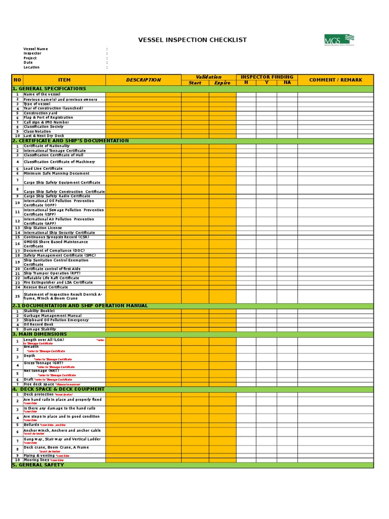 Vessel Inspection Checklist: Description Validation Start Expire | PDF ...