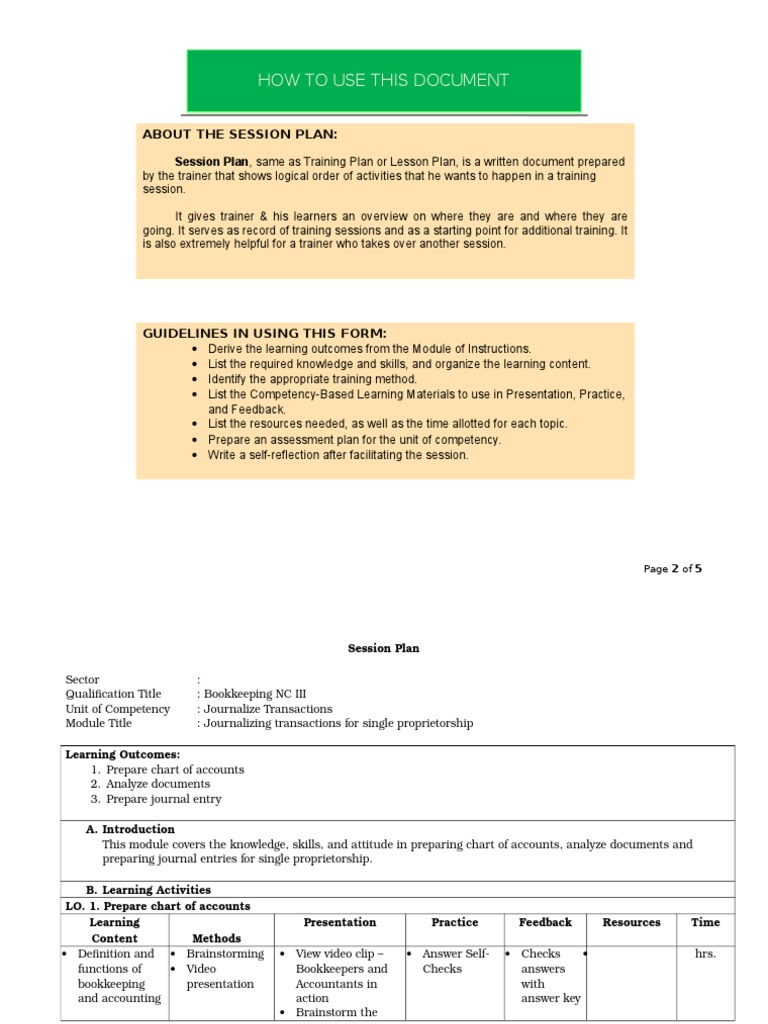 Session Plan LO1 Bookkeeping NC III | PDF | Facilitator | Accounting