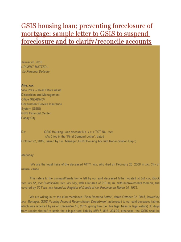 GSIS Housing Loan Preventing Foreclosure of Mortgage Sample Letter To ...