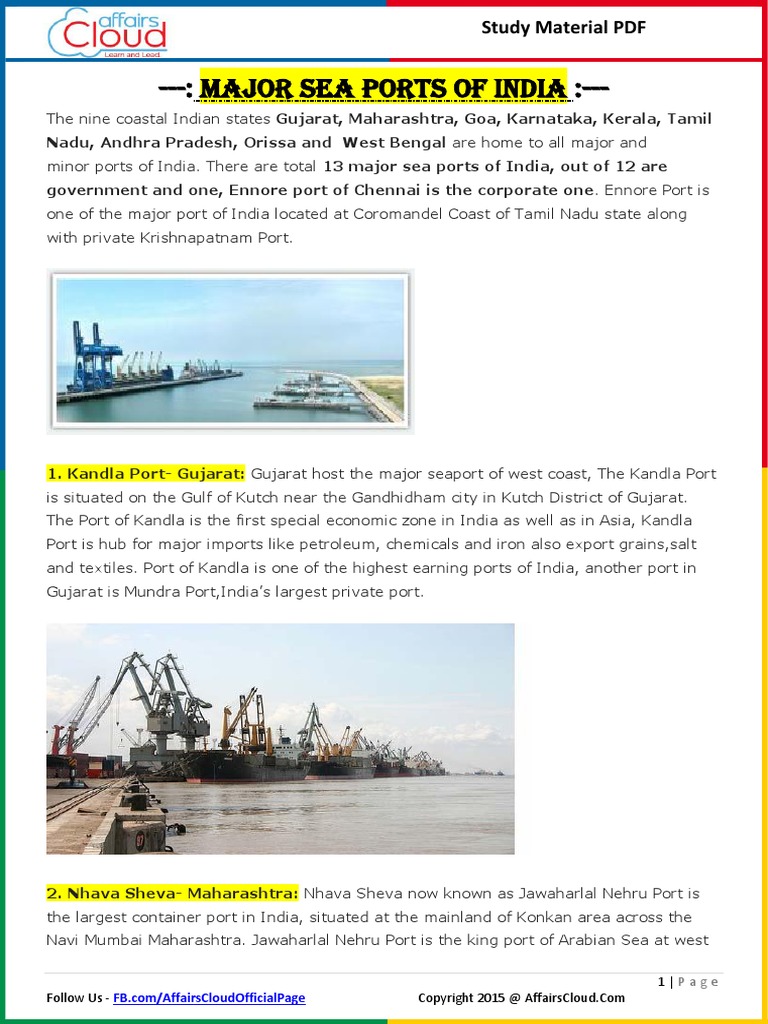 Major Sea Ports in India | Port | Tamil Nadu