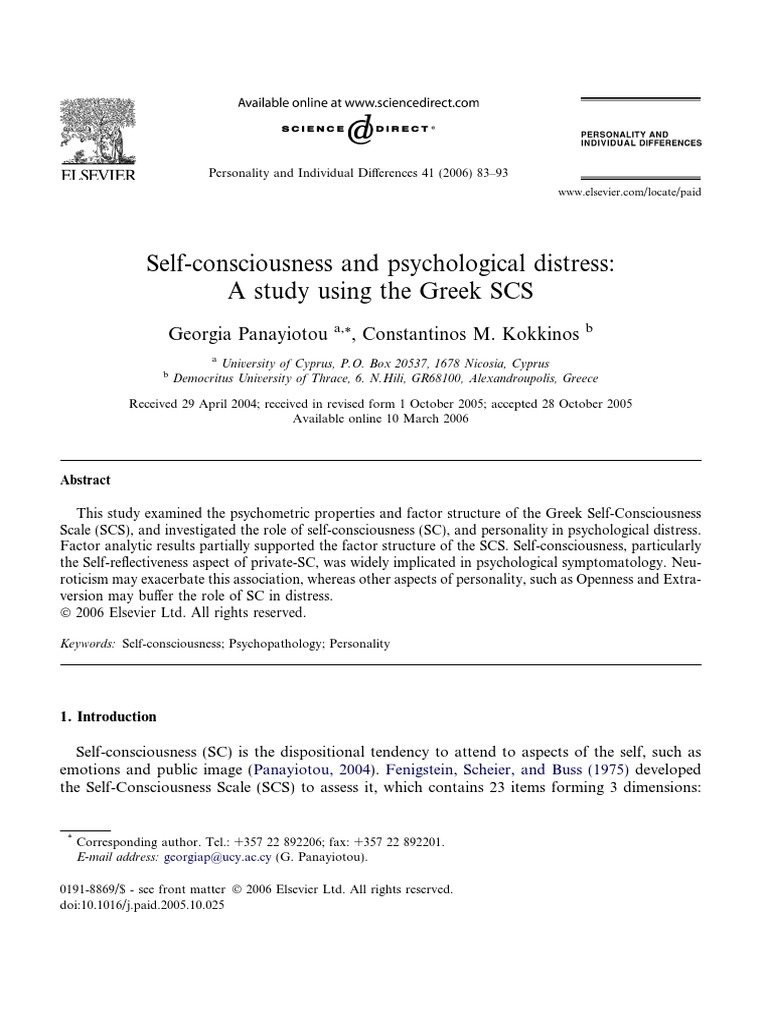 Self Conscousness and Psychologicl Distress | PDF | Extraversion And Introversion | Self Awareness