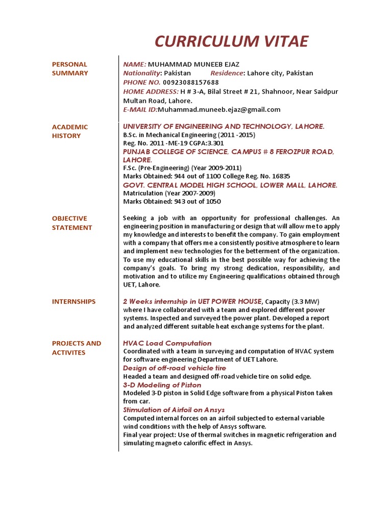 CV Muhammad Muneeb Ejaz | PDF | Mechanical Engineering | Engineering