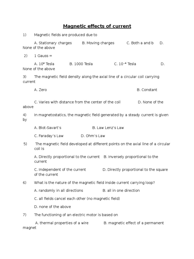 MCQs on Magnetic Effects of Current | PDF | Magnetic Field | Electric ...