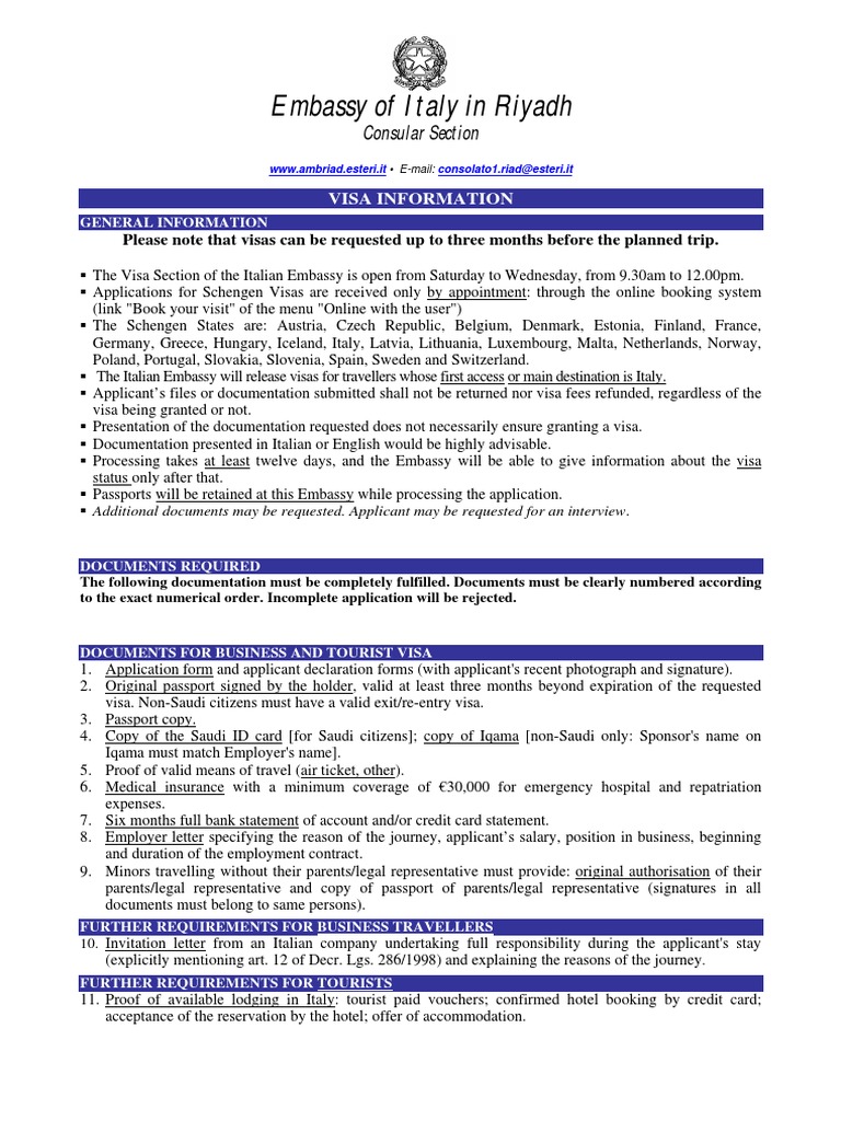 Embassy of Italy in Riyadh Visa Requirements2 | PDF | Travel Visa ...