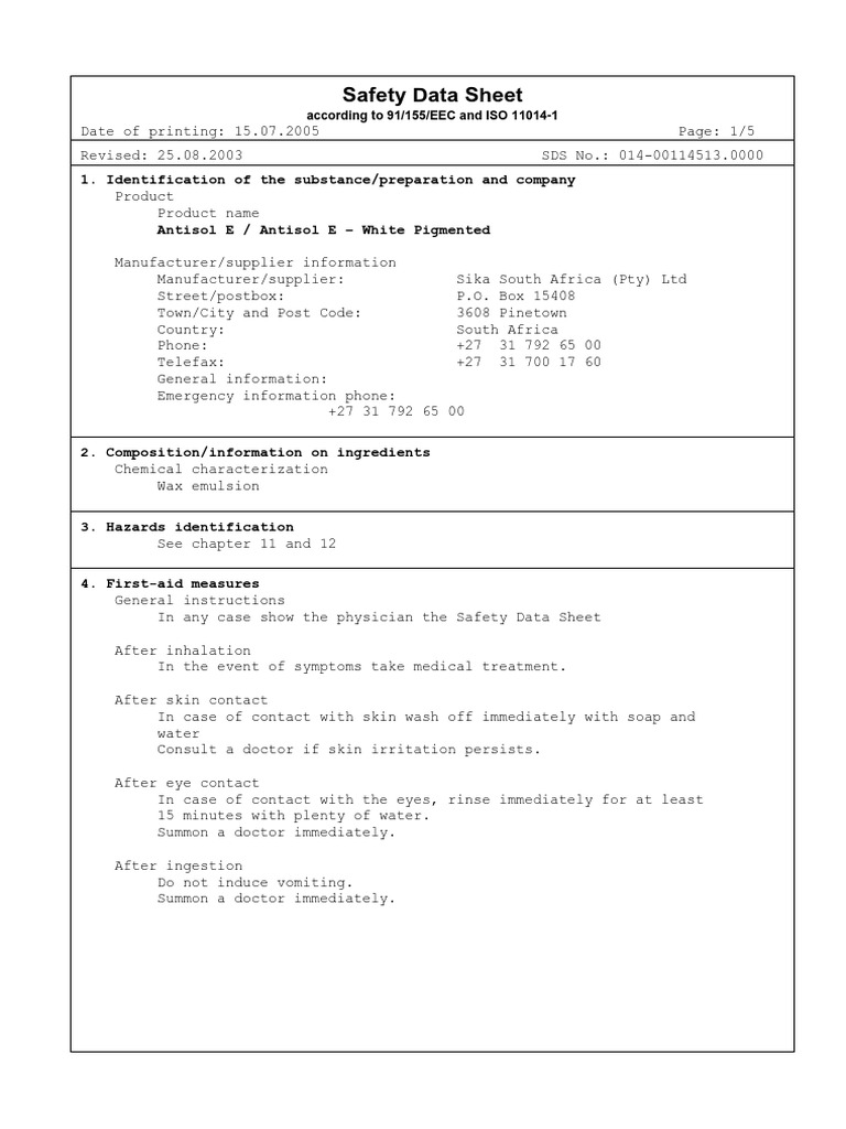 Msds Sika Antisol E-Antisol e White | PDF | Materials | Chemistry