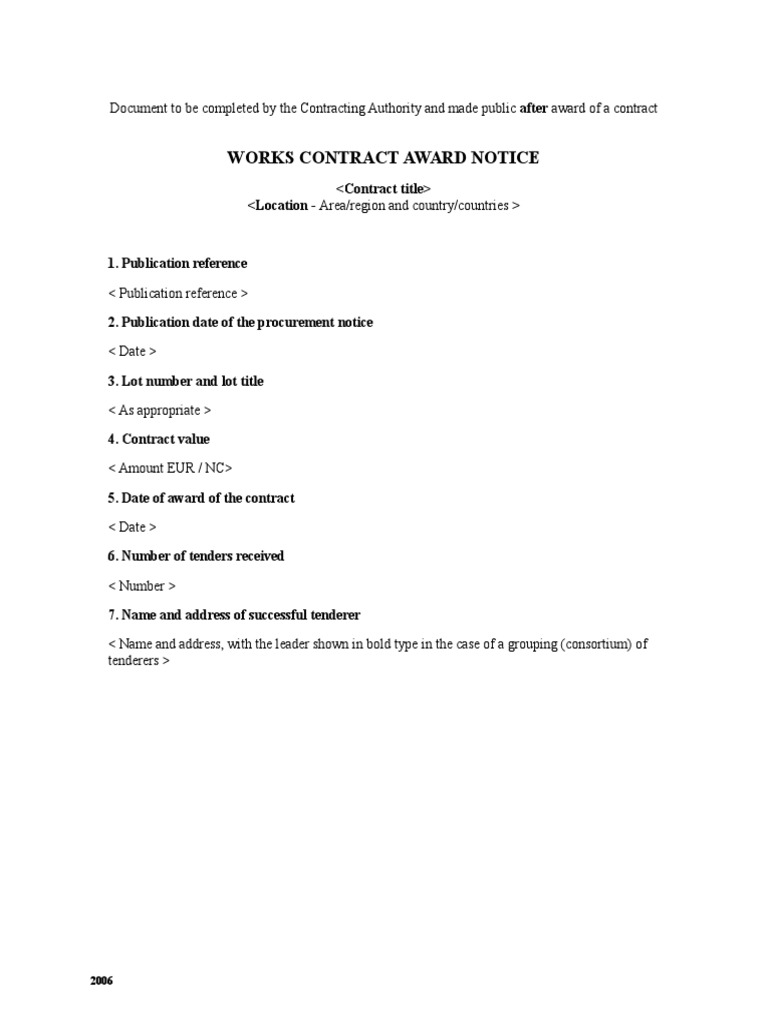 Works Contract Award Notice Template | PDF