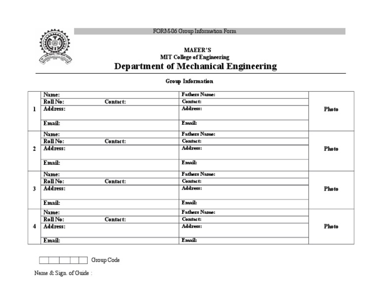 Department of Mechanical Engineering: FORM-06 Group Information Form | PDF