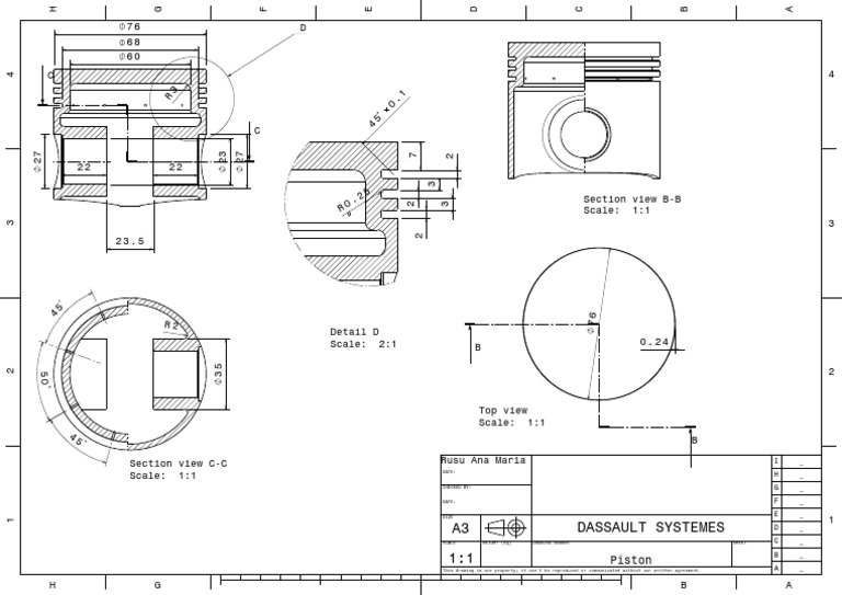Piston Technical Drawing A3 Scale 1:1 | PDF