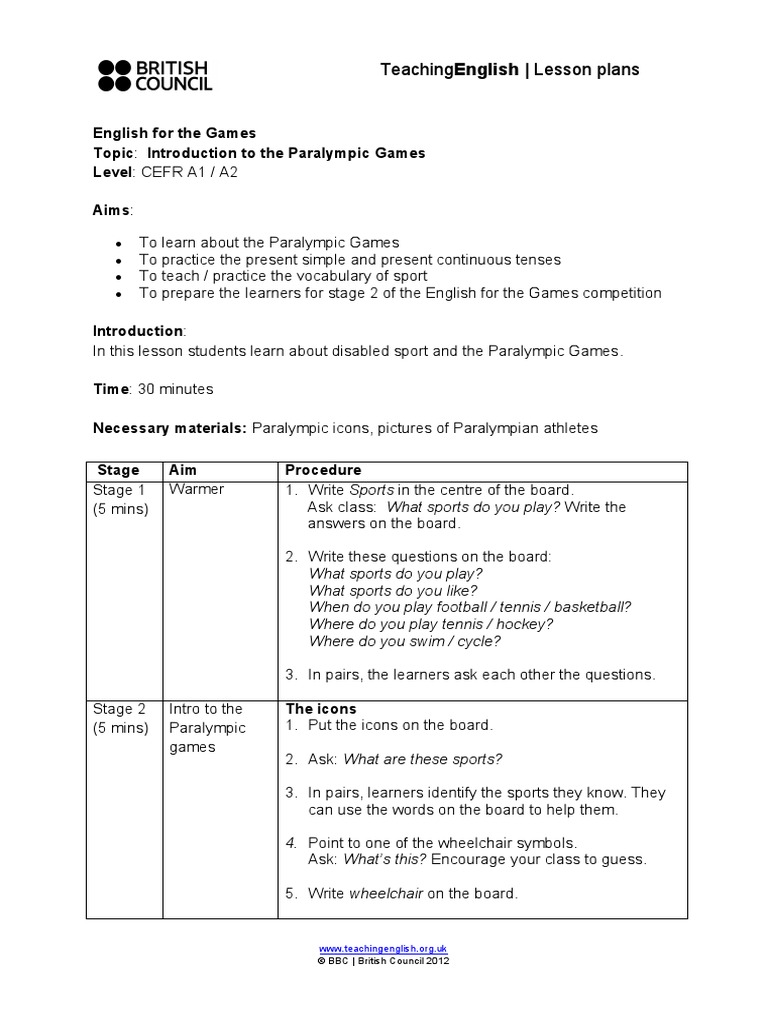 Paralympic Lesson Plan for Schools | PDF | Paralympic Games | Disabled ...