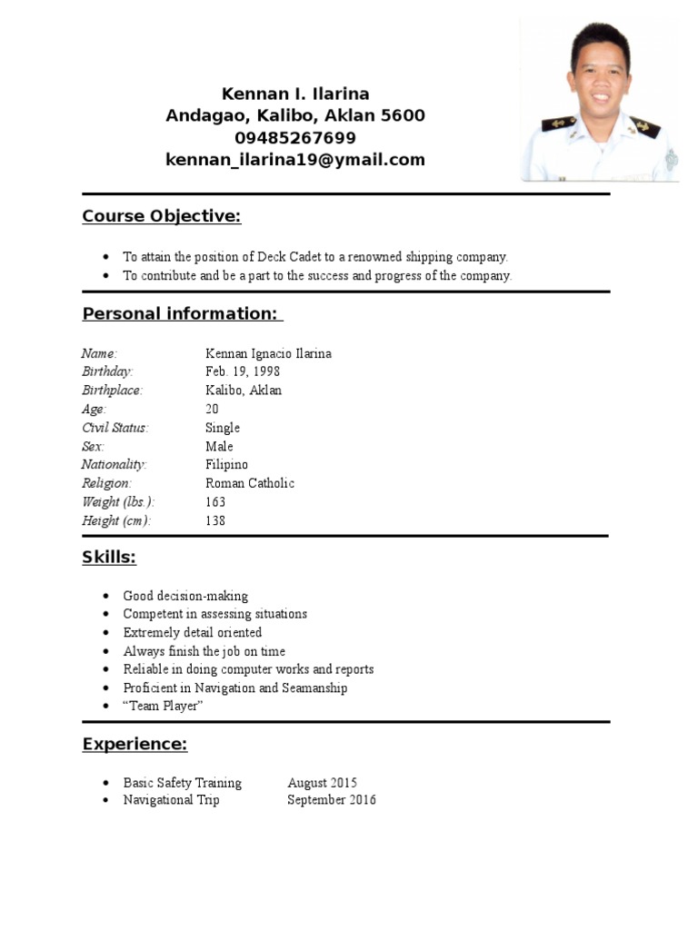 Seafarer CV Sample for Deck Cadet | PDF | Travel